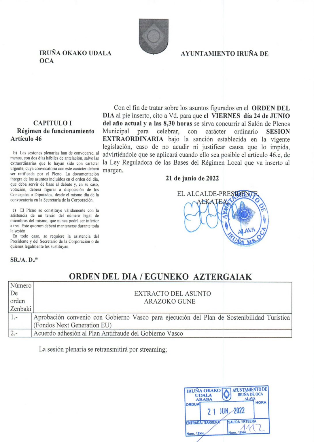 Convocatoria pleno extraordinario 24 de junio de 2022 Convocatoria pleno extraordinario 24 de junio de 2022